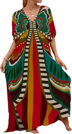 Bsubseach Kaftan Kleider f&uuml;r Frauen Lange Badeanzug Abdeckung Plus Gr&ouml;&szlig;e Caftans Strand Badeanzug Abdeckung Ups Schmetterling Print Rot