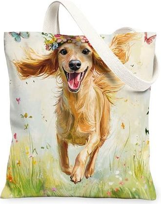 Generic Sac fourre-tout en toile motif chien Saluki printanier 33 x 38,1 cm, motif papillon amusant r&eacute;utilisable, sac d&eacute;picerie pour femme, animal de compagni