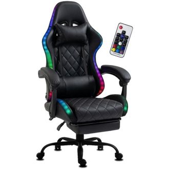 Delman Chaise Gaming Ergonomique LED RGB en Similicuir avec Repose-Pieds noir