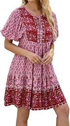 Generic Robe boh&egrave;me 2026 pour femmes, robe &agrave; imprim&eacute; floral, robe de plage &agrave; manches rondes, d&eacute;contract&eacute;e, mini &eacute;t&eacute; maxi, rose, M