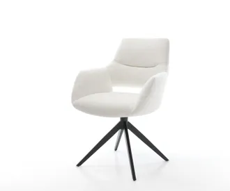 DELIFE Drehstuhl Yago-Flex mit Armlehnen Boucl&eacute; Creme-Wei&szlig; Kreuzgestell breit Schwarz 360&deg; drehbar Wippfunktion Taschenfederkern, Esszimmerst&uuml;hle