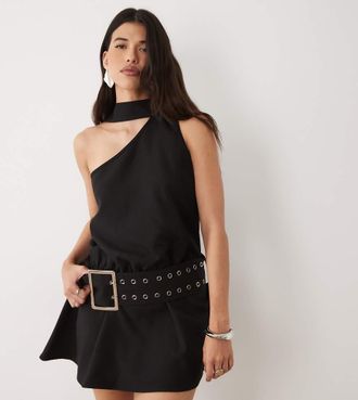 KAIIA Exclusivit&eacute; - Robe courte &agrave; oeillets avec ceinture et d&eacute;tail foulard - Noir