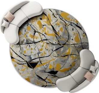 Generic Gris Jaune Tapis de Salon Rond 120 cm, Peinture Abstraite Art D&eacute;co Lignes Marocain Tapis Chambre Antid&eacute;rapant Lavable, Ne Perd Pas Ses Poils Moelleux 