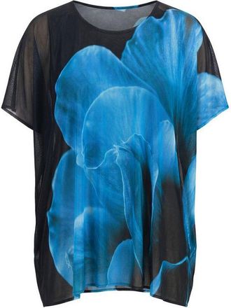 Ulla Popken Druckbluse Mesh-Bluse Bl&uuml;ten Oversized Rundhals Halbarm