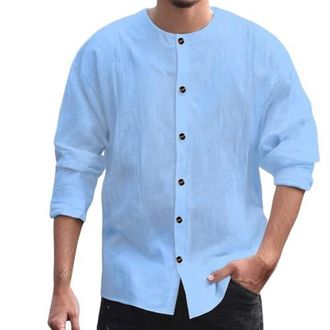 Generic Chemise en coton et lin pour homme Henley Gym Tops Mode pour homme Revers ample Revers Tops T-shirt Tops daffaires pour hommes Tuniques coupe r&eacute;guli&egrave;r