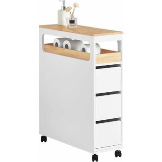 SoBuy BZR54-WN Meuble de Rangement Salle de Bain Étroit sur roulettes, Support Papier Toilette, Armoire Toilettes wc Compact, Rangement Polyvalente avec 1