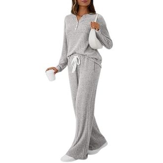 Generic Pyjama 2 pi&egrave;ces pour femme - Pyjama assorti - Pour lhiver 2025 - Pour les vacances, les voyages, lautomne, gris clair, 3XL