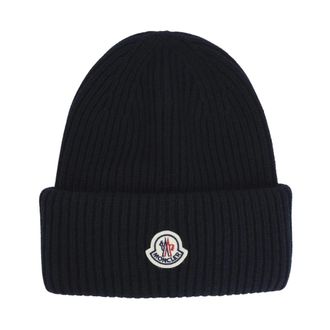 Moncler Rippstrick-M&uuml;tze mit Logo-Patch - - Accessories - Herren - Blau - ONE SIZE