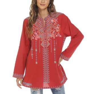 JD Williams Damen Tunika B&ouml;hmen Stickerei T-Shirt Herbst Besticktes Hemd Langarm Bauernin Casual Tops Blouse Lose Oberteile (XX-Large, Rot-127)