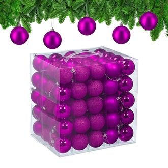 Relaxdays Weihnachtskugeln im 100er Set, Kunststoff, D: 6cm, runde Weihnachtsbaumdeko, Baumschmuck bruchsicher, pink