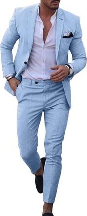 Generic Ensemble de 2 pi&egrave;ces pour homme, un bouton en lin et coton, couleur unie, costume classique 2 pi&egrave;ces pour homme pour la plage, bleu ciel, L