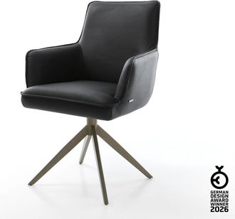 DELIFE Drehstuhl Heira-Flex mit Armlehnen Echt-Leder Schwarz Kreuzgestell breit Effektfinish Titan 360&deg; drehbar Wippfunktion Taschenfederkern, Esszimmerst&uuml;hl