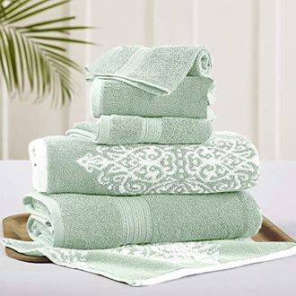 Modern Threads Artesia Damask 6-Piece 100% Combed Cotton Reversible Yarn Dyed Jacquard Towel Set 2 Serviettes de Bain, 2 essuie-Mains, 2 débarbouillettes, Sauge, Sta