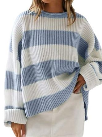 Generic Pull &agrave; col rond ray&eacute; et c&ocirc;tel&eacute; pour femme - Pull dautomne et dhiver &agrave; manches longues, bleu, XL