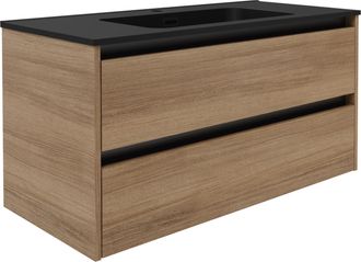 Fackelmann Vita Waschbecken mit Unterschrank in Summer Oak, 101 cm Breit - Gussmarmor Waschbecken in Schwarz Matt, Griffloses Design, Zwei Schubladen mit Soft-Cl