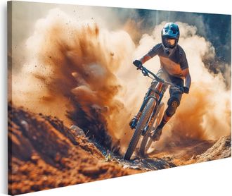 Islandburner Bild auf Leinwand Professioneller Enduro Mountainbiker fährt staubigen Waldweg Bilder Wandbilder Poster