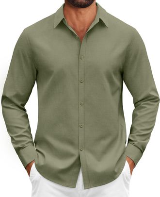 Coofandy Herrenhemd Langarm Freizeit Baumwolle Stretch Oberhemd Formal Business Anzug Hemd Armee Gr&uuml;n XXXL