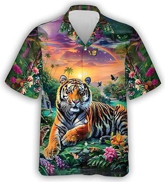 Keephen TangoDS Femmes Hommes Tigre Rugissant Chemises Hawaiiennes Cool Tigre Impression 3D Chemises Manches Courtes &Eacute;t&eacute; Chemise &agrave; Boutons Chemise Aloha