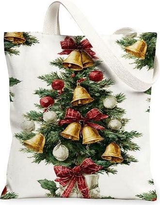 Generic Sacs fourre-tout en toile de No&euml;l, motif arbre et cloche, sacs d&eacute;picerie r&eacute;utilisables, l&eacute;gers et lavables avec bandouli&egrave;re pour le shopping, les voya