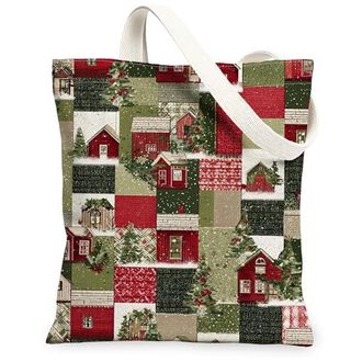 Generic Sacs fourre-tout en toile patchwork de vacances, sacs dépicerie réutilisables, rustiques, légers, lavables, Rouge, 13x15 Inch