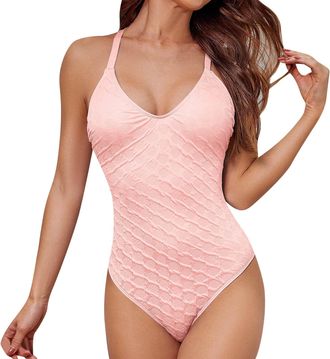 Generic Badeanzug Damen V Ausschnitt - Damen Sommer Strand Solid Plissee Gewellt Bikini Mode Sexy Badeanzug Rot Schwarz