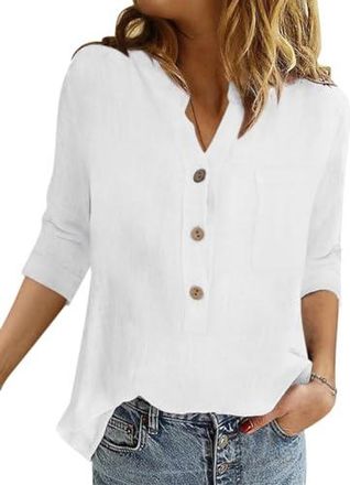 Onsoyours Chemisier Femme Chic Sexy Chemise en Coton Lin à Manche 3/4 Décontracté Blouse Ample à Col V Tunique Printemps Eté Top Couleur Unie Lâche Respirant T-