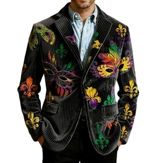 Generic Veste de costume pour homme en velours c&ocirc;tel&eacute; imprim&eacute; multicolore - Costume de carnaval - Motif Mardi Gras - Blazer - Tenue de f&ecirc;te - Vintage - Veste 