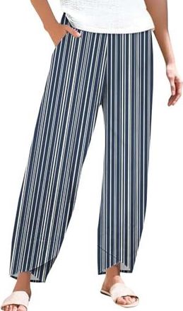 Generic Pantalon L&eacute;ger Femme Fluide Blanc en Lin &Eacute;t&eacute; Pantalon en Lin Ray&eacute; pour Femme D&Eacute;t&eacute; D&eacute;contract&eacute; &Agrave; Jambes Larges avec Poches Court et V&ecirc;tements Ample Lin