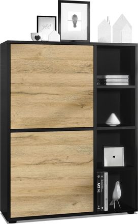 Vladon Highboard Schrank Anrichte Cuba mit 8 Fächern, Made in Germany, Korpus in Schwarz matt/Fronten in Eiche Natur