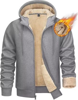 KEFITEVD Hommes Polaire Capuche Sweatshirts Zippé Hiver Sweatshirt Homme Sherpa Epais Capuche Sweat,Gris Clair,2XL