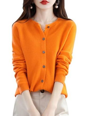 ORANDESIGNE Gilet Femme Chic et Elegant Gilet Court Col Rond Gilets Manches Longues Cardigan Laine Mi-Saison A Orange XS