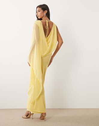Asos Maxikleid aus Mesh mit asymmetrischem Blouson und extralangem &Auml;rmel in Gelb-Blau