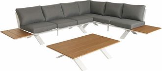 Hhg Neuwertig] Aluminium Garten-Garnitur HHG 802, Sitzgruppe Garten-/Lounge-Set Sofa, Holzoptik Gestell wei&szlig;, Polster hellgrau