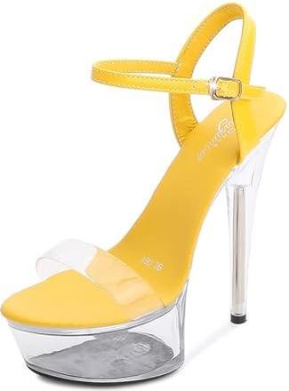 Generic Jaune,41 EU,Escarpins à Talons Aiguilles et Plateforme pour Femmes avec Fond en Cristal, Bride à la Cheville à Bout Ouvert, Sandales à Boucle, Chaussu