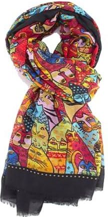 GFM &Eacute;charpe &agrave; imprim&eacute; chat dessin anim&eacute; pour femme - Grande taille - Printemps &eacute;t&eacute; - Bordure noire - (CT-72-KL)