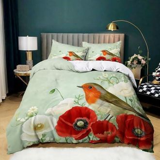 Generic Vert Clair Housse de Couette 90x190 Rouge-Gorge à Fleurs Parure de Lit 1 Personne, 3D Imprimé Enfants en Microfibre Douce Respirante Housse Couette av