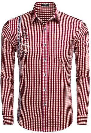 Coofandy Trachten Chemise Chemise à Carreaux Homme Slim Fit Manches Longues Loisirs Oktoberfest Chemise à Carreaux pour Hommes Rouge S