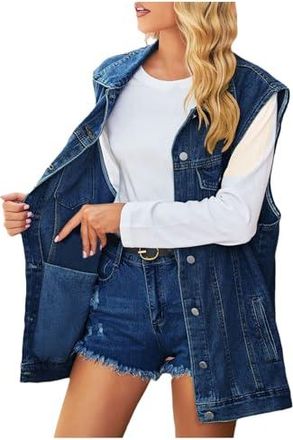 Generic Vestes pour femmes 2026 Gilet en jean tendance moyen long manteau &agrave; col rabattu sans manches, bleu, XS