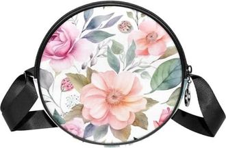 Generic Petit sac &agrave; bandouli&egrave;re circulaire pour femme, motif feuilles florales, sac &agrave; dos avec fermeture &eacute;clair, bretelles r&eacute;glables, sac &agrave; main rond d&eacute;contra