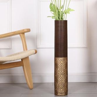 Leewadee Leewadee Grand Vase A Poser Au Sol 65 cm Haut - Vase De Sol pour Fleur Ou Pampa, Marron Dor&eacute;, R&eacute;sine