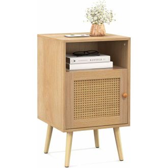 Costway Nachttisch Rattan, Nachtschrank Holz, Beistelltisch mit offenem Regal & T&uuml;r, Sofatisch Landhausstil, ideal f&uuml;r Schlafzimmer und Wohnzimmer, 40 x 39 x