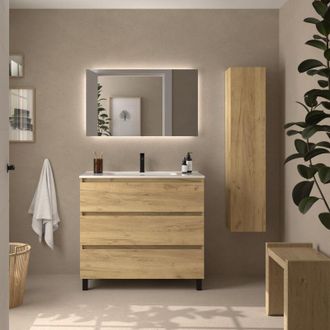 Cygnus Bath Meuble de salle de bain BEQUIA 3C 100cm Ch&ecirc;ne Vasque Porcelaine Centrale