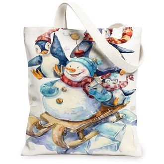 Generic Sacs fourre-tout en toile motif pingouin dhiver, mignon bonhomme de neige, sacs de courses réutilisables, fantaisie, ludique, léger, lavable à lépaule