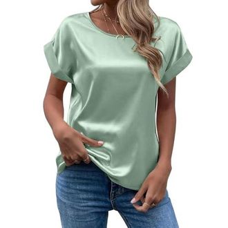 Generic Chemisier en satin de soie pour femme, col rond, manches courtes, tenue d&eacute;contract&eacute;e, haut &agrave; manches courtes, t-shirt &agrave; col rond, Vert-a, XXL
