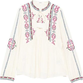 BA&SH Femme, Blouses et Chemises, Blanc, Taille: 38 FR Chemisier Brod&eacute;e &agrave; Col Rond et Pompons