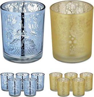 Relaxdays Teelichtgl&auml;ser, 12er Set, Teelichthalter aus Glas, ganzj&auml;hrig, Votivgl&auml;ser, HxD: 8,5 x 7 cm, Deko, gold/silber