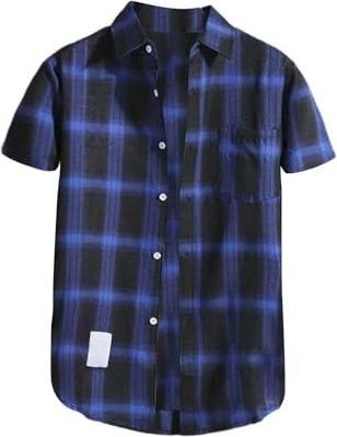 Generic Chemise &agrave; manches courtes pour homme, chemise &agrave; carreaux grande taille, chemise d&eacute;t&eacute; l&eacute;g&egrave;re, haut &agrave; carreaux &agrave; revers respirant, haut boutonn&eacute; r&eacute;tro, 