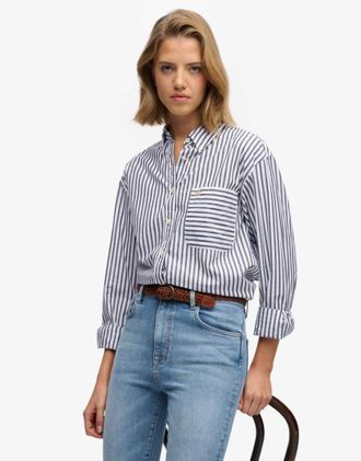 Superdry Chemise d&eacute;contract&eacute;e &agrave; manches longues en popeline - Bleu marine/blanc