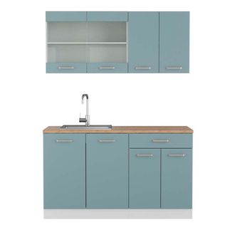 Vicco Singlek&uuml;che R-Line, K&uuml;chenzeile Single, Blau-Grau/Wei&szlig;, 140 cm, AP Eiche