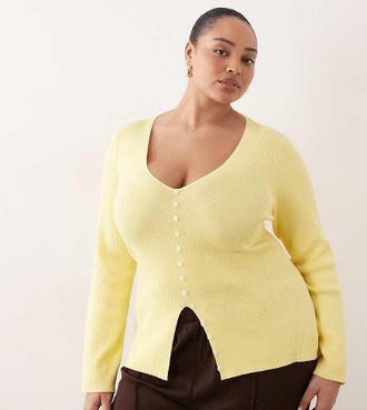 Pretty Lavish Curve Top nervur&eacute; boutonn&eacute; &agrave; manches longues - Jaune
